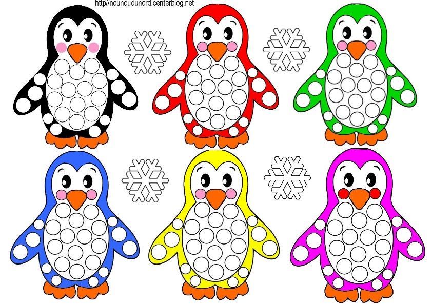 Pingouins à colorier à gommettes et en couleur.