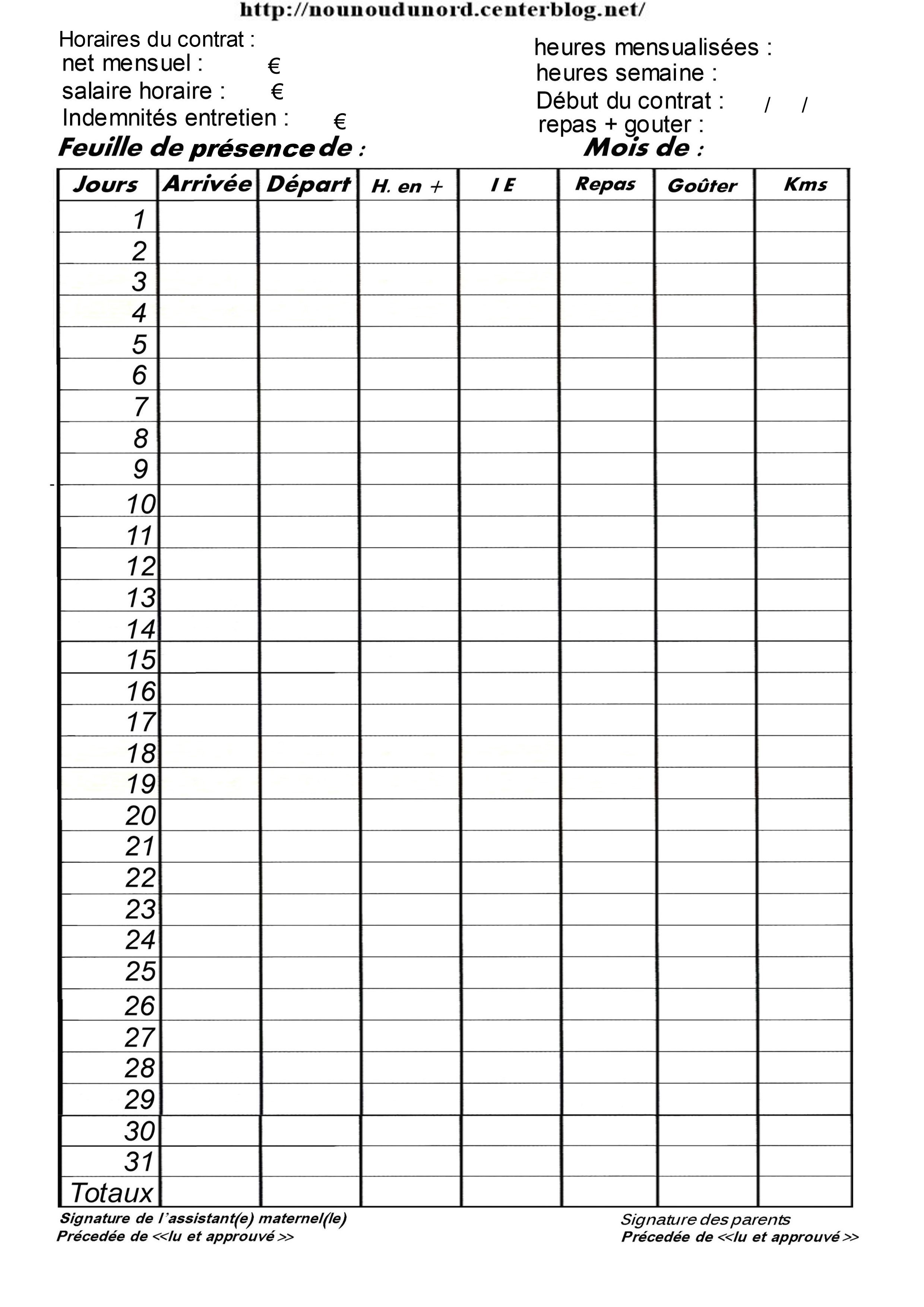 planning de presence des enfants