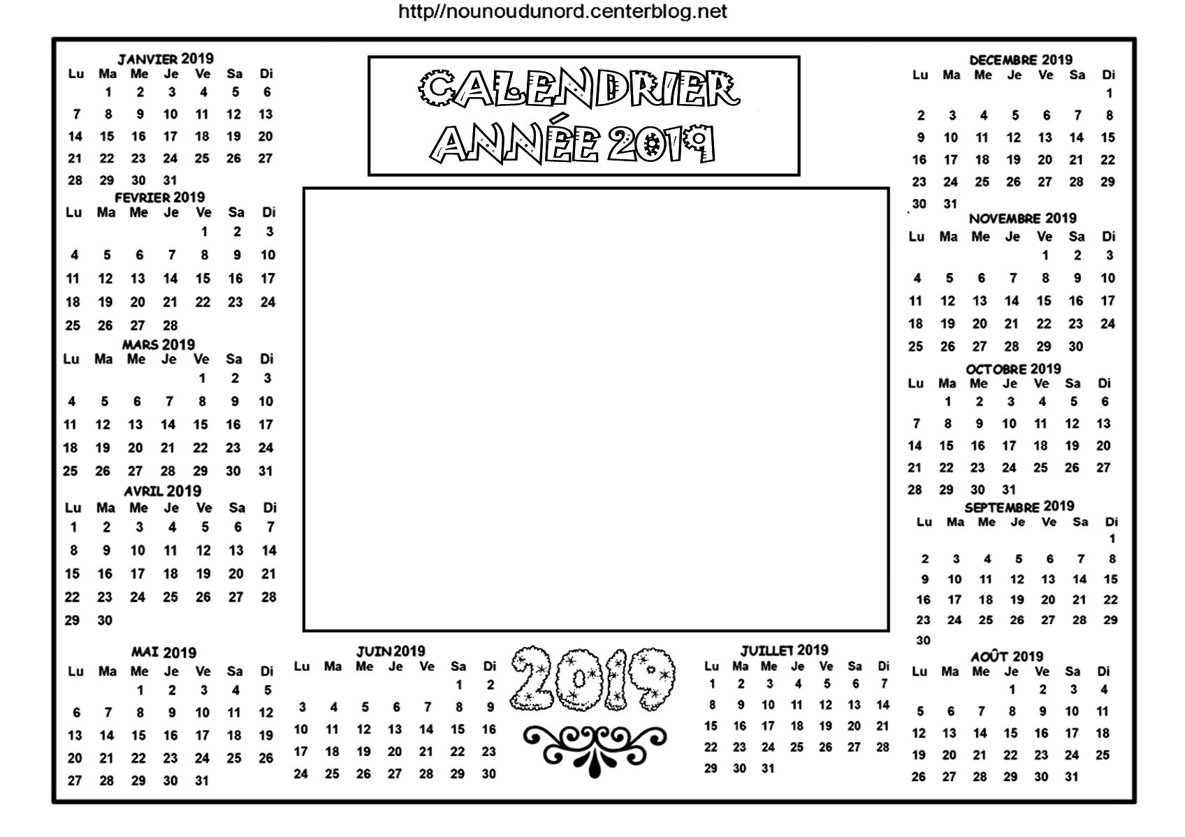 CALENDRIER ANNUEL 2019 POUR AJOUTER 1 PHOTO OU AUTRE
